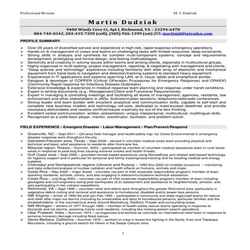 Martin Dudziak Emergency Storm Fire Flood Health Safety Resume June2012 ...