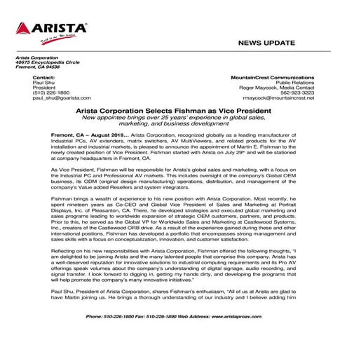 Martin fishman arista press release | PDF | Business | Business and Finance