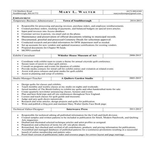 Mary walterresume 2016 | DOC | Needlework | Arts and Crafts