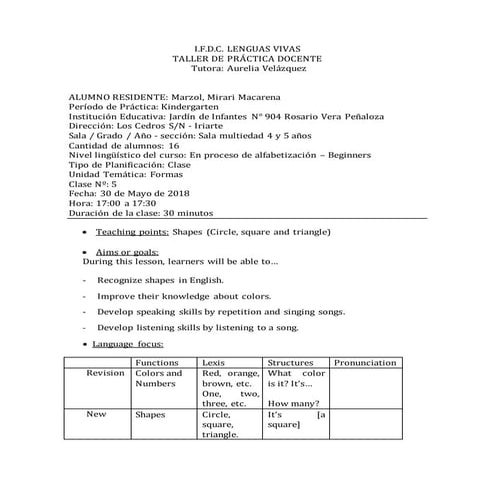 Lesson plan class 5 - Kinder | PDF