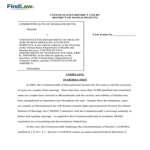 FindLaw | Mass. Sues Over Federal Defense of Marriage Act | PDF