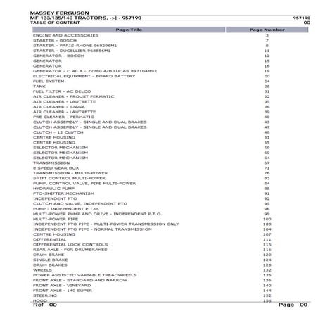 Massey ferguson mf140 tractor parts catalogue manual | PDF