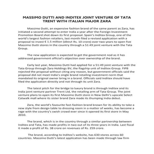 Massimo dutti and inditex joint venture of tata trent with italian ...