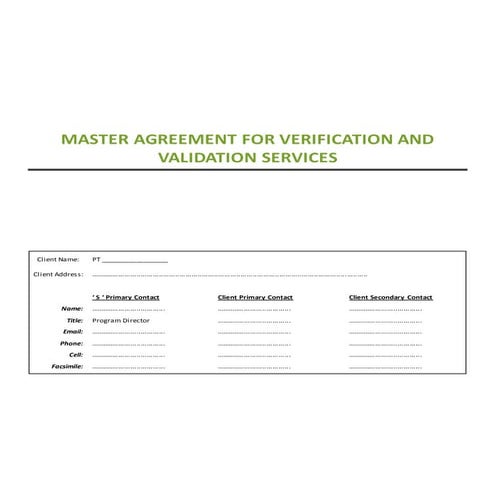 Form of Master Agreement For Verification and Validation Services (Purchase this doc, Text ...
