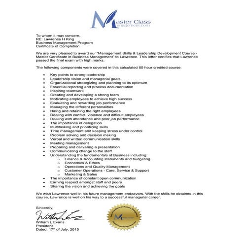 Master classmanagementcertification reference letter lawrence h king | PDF