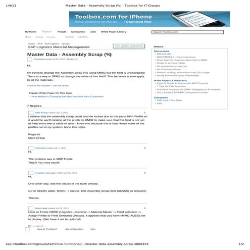 Master data assembly scrap (%) - toolbox for it groups | PDF