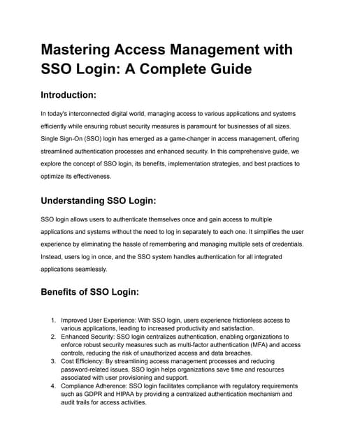 Mastering Access Management With Sso Login A Complete Guidepdf Free