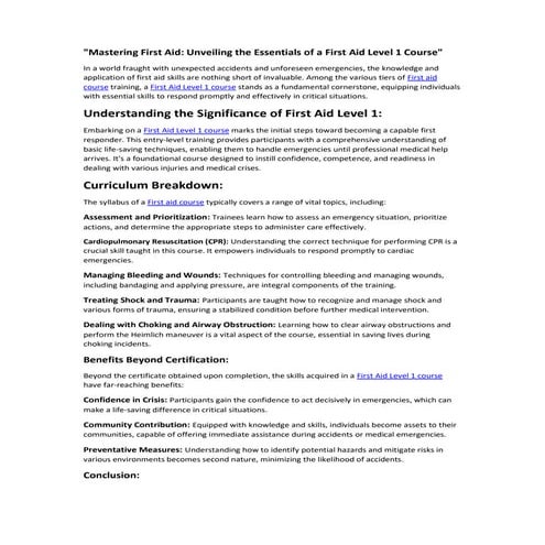 Mastering First Aid Unveiling the Essentials of a First Aid Level 1 ...