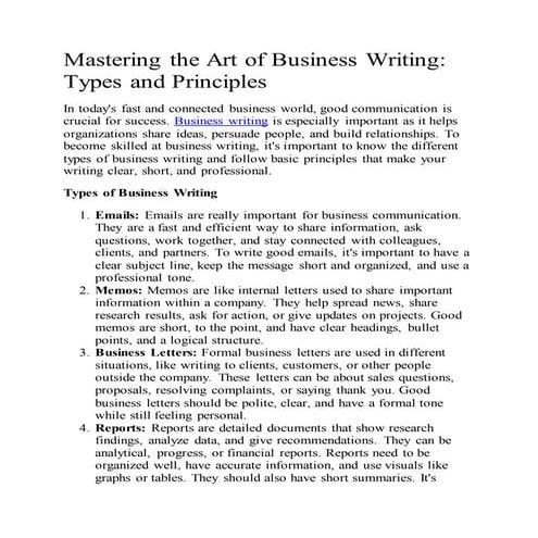 Mastering the Art of Business Writing: Types and Principles | PDF