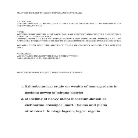 Masters Botany Project Topics and Materials | DOCX