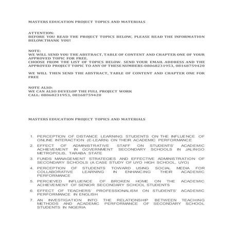 Masters education project topics and materials | DOCX