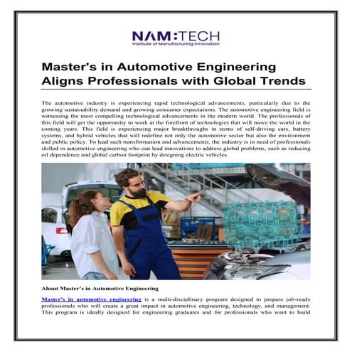 Master's in Automotive Engineering Aligns Professionals with Global ...