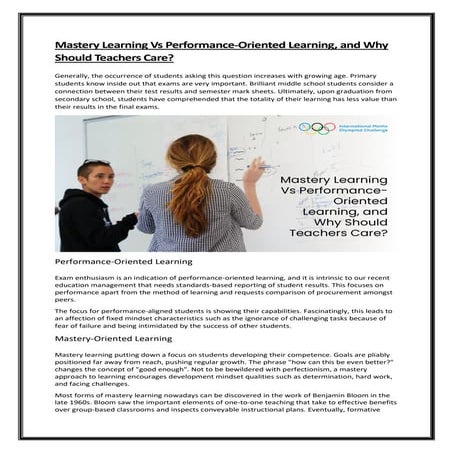 Mastery Learning Vs Performance-Oriented Learning, and Why Should ...