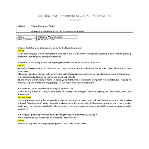 Masuknya jepang ke indonesia (lks) | DOCX