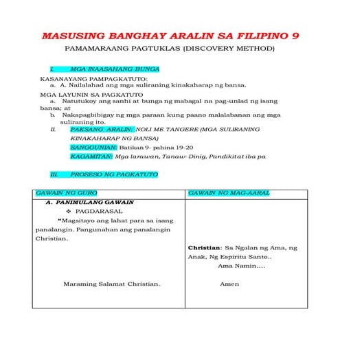 MASUSING BANGHAY ARALIN SA FILIPINO 9 (PAMAMARAANG PAGTUKLAS (DISCOVERY METHOD).docx
