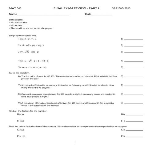 Mat 045 final exam review part i | PDF
