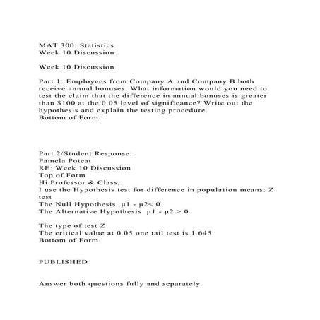 MAT 300 StatisticsWeek 10 DiscussionWeek 10 Discussion .docx