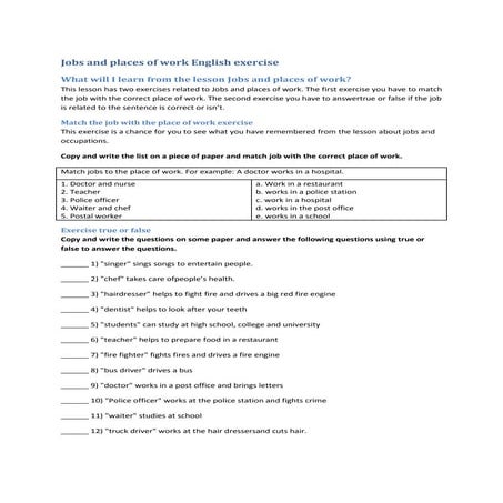 Match the job with the place of work exercise | DOCX