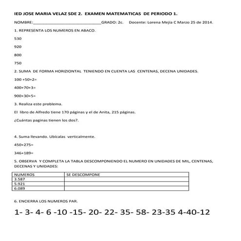 Matemáticas primer periodo.examen segundo de primaria | DOCX