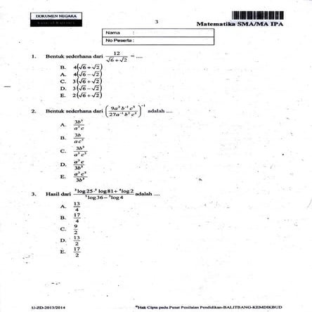 Matematika UN SMA 2014 PAKET 1 | PDF