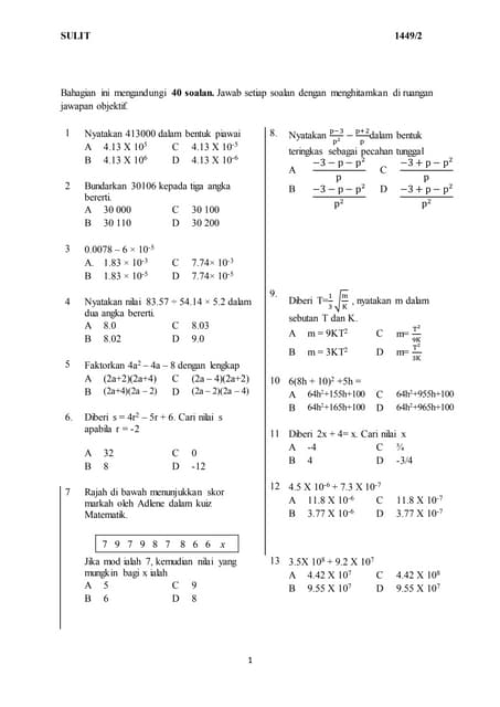 100 soalan Matematik Ting2 | PDF