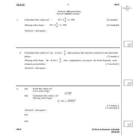 Percubaan PMR PPDJJ 2013- Math K2 | PDF