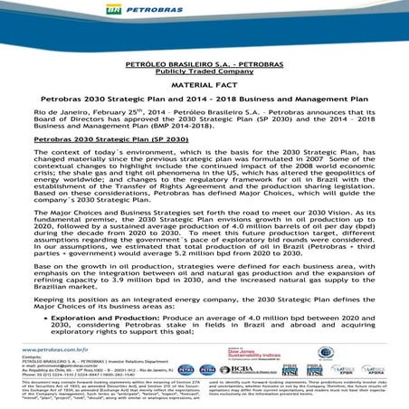 Material Fact: Petrobras 2030 Strategic Plan and 2014-2018 Business and ...