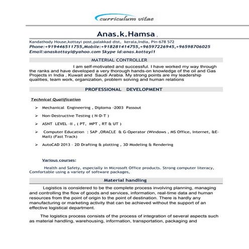 Material controller cv anas | DOC