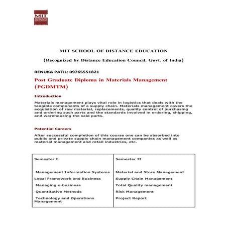 Material Management | DOC | Postgraduate Education | College Education