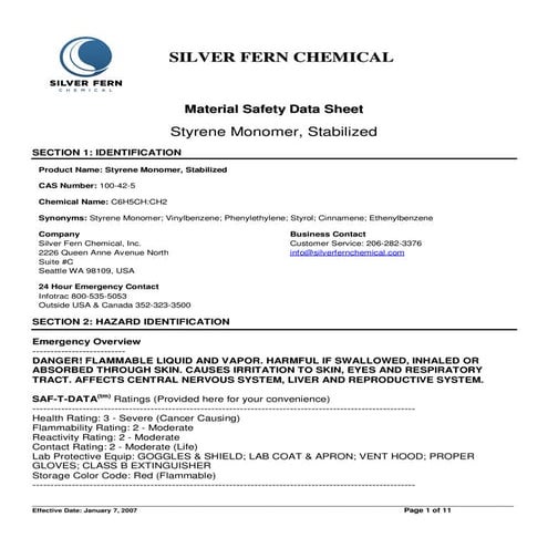 Material safety data sheet of styrene monomer | PDF