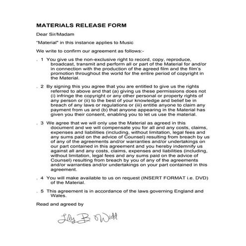 Materials release form (IT CAME FROM THE MIST) | PDF | Law