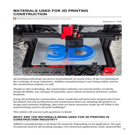 Materials used for 3d printing construction | PDF