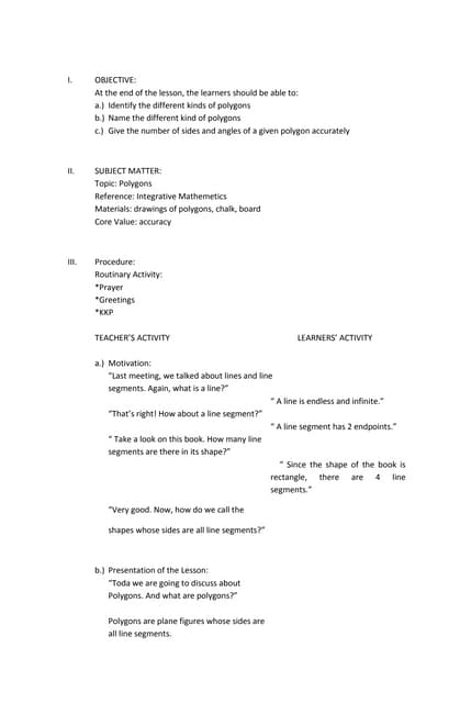 Lesson plan in geometry (relationships of angles) | DOCX