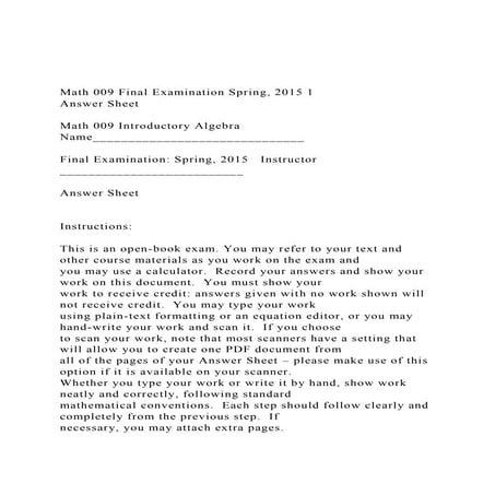 Math 009 Final Examination Spring, 2015 1 Answer Sheet M.docx