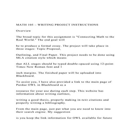 MATH 105 – WRITING PROJECT INSTRUCTIONS Overview The b.docx | Homework ...