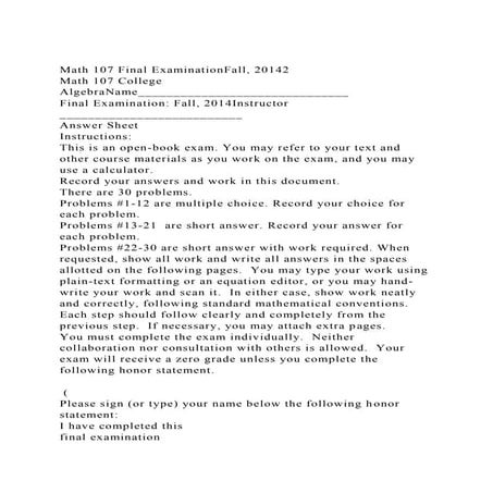 Math 107 Final ExaminationFall, 20142Math 107 College Algebra.docx