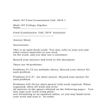 Math 107 Final Examination Fall, 2019 1 Math 107 College A.docx