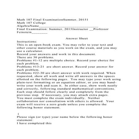 Math 107 Final ExaminationSummer, 20151Math 107 College Algebr.docx