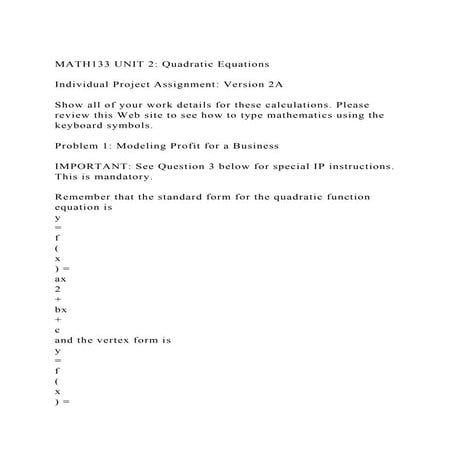 MATH133 UNIT 2 Quadratic EquationsIndividual Project Assignment.docx