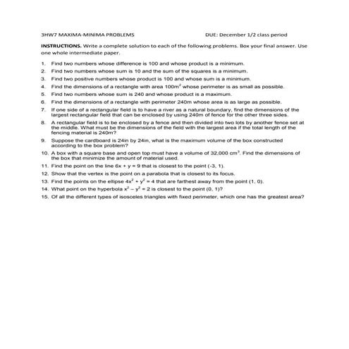 Math 5 3-hw7 and 8 - maxima-minima problems | PDF