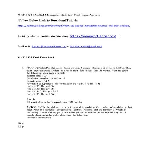 Math 533 ( applied managerial statistics ) final exam answers | DOCX