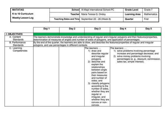 MATH 7 FIRST QUARTER LESSON PLAN QUARTER 1 | PPT
