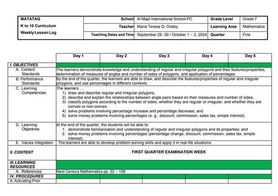 MATH 7 FIRST QUARTE LESSON PLAN QUARTER 1 | PPT