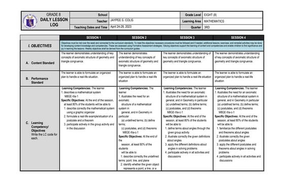 COT Lesson Plan Mathematics 3 Points, Line, Line Segment and Ray | DOC ...
