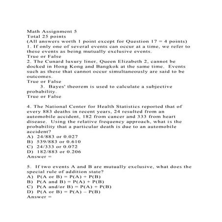 Math Assignment 5Total 25 points(All answers worth 1 point exc.docx