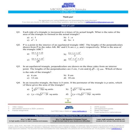 MathBuster HOTS Quiz CBSE Class 9 Chapter 12 | PDF