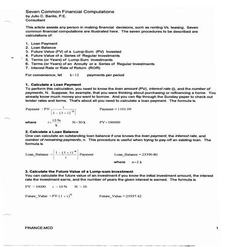 MathCAD seven common financial computations | PDF