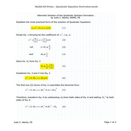Math cad prime quadratic equation derivation | PDF