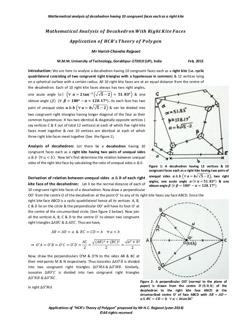 Mathematical analysis of decahedron with 10 congruent faces each as a…