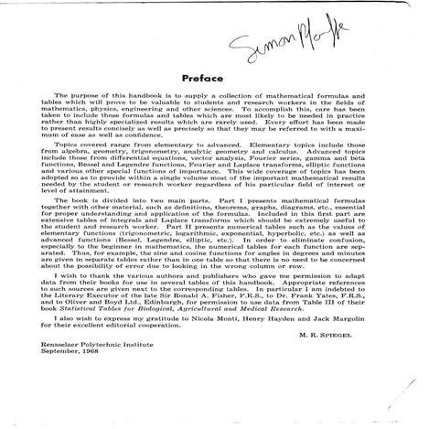 Mathematical Handbook Of Formulas And Tables Manteshwer Pdf Physics Science